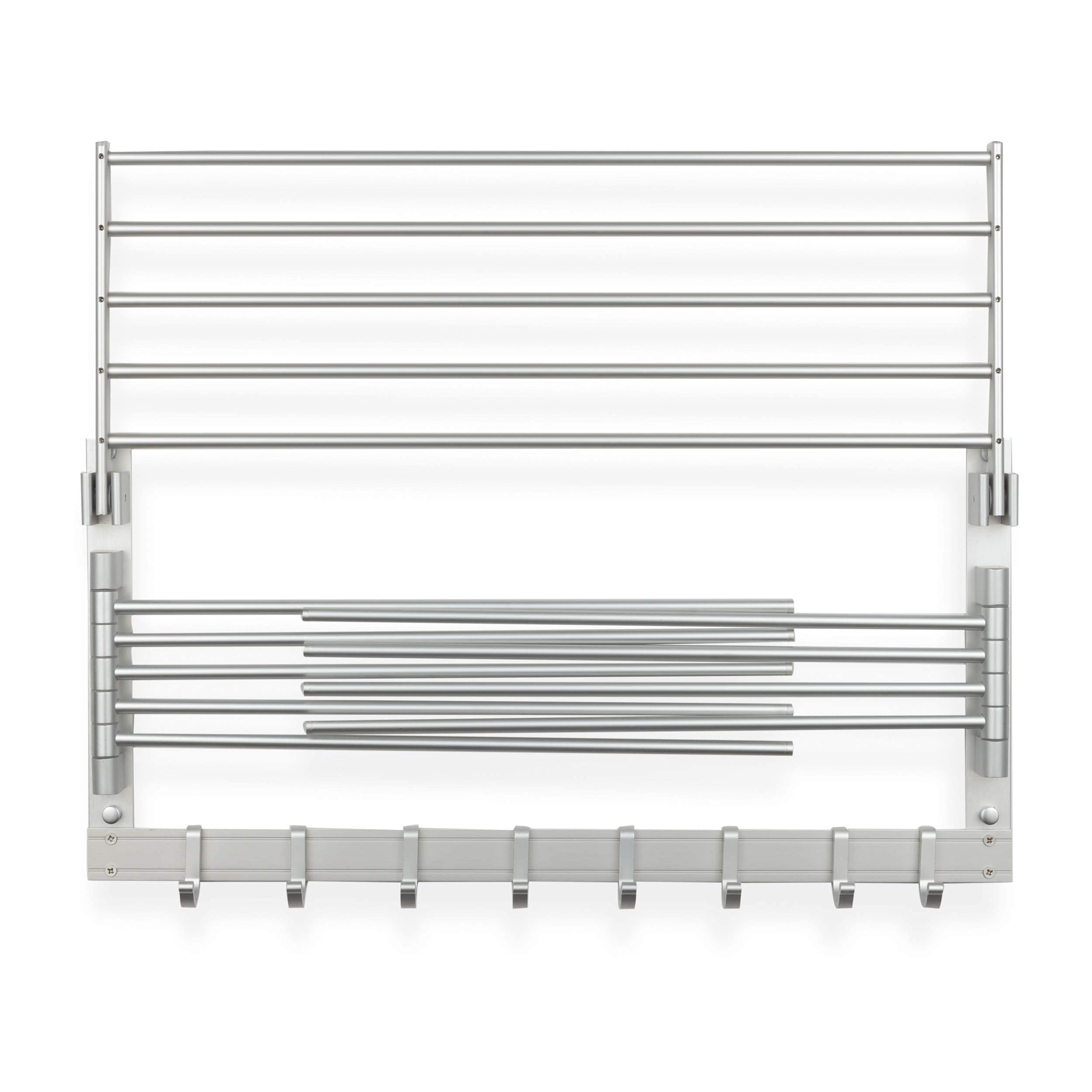brightmaison BGT Wash Clothes Drying Rack Wall Mount Laundry Room Organizer with Hooks & Swing Arms, 24" Metal Laundry Rack Silver