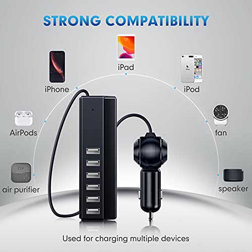 USB Car Charger, 6-Port Fast 65W Car Charger Cigarette Lighter Adapter DC with Smart Identification Compatible with iPhone, Android, Tablet and Other USB Devices
