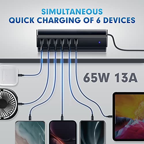 USB Car Charger, 6-Port Fast 65W Car Charger Cigarette Lighter Adapter DC with Smart Identification Compatible with iPhone, Android, Tablet and Other USB Devices