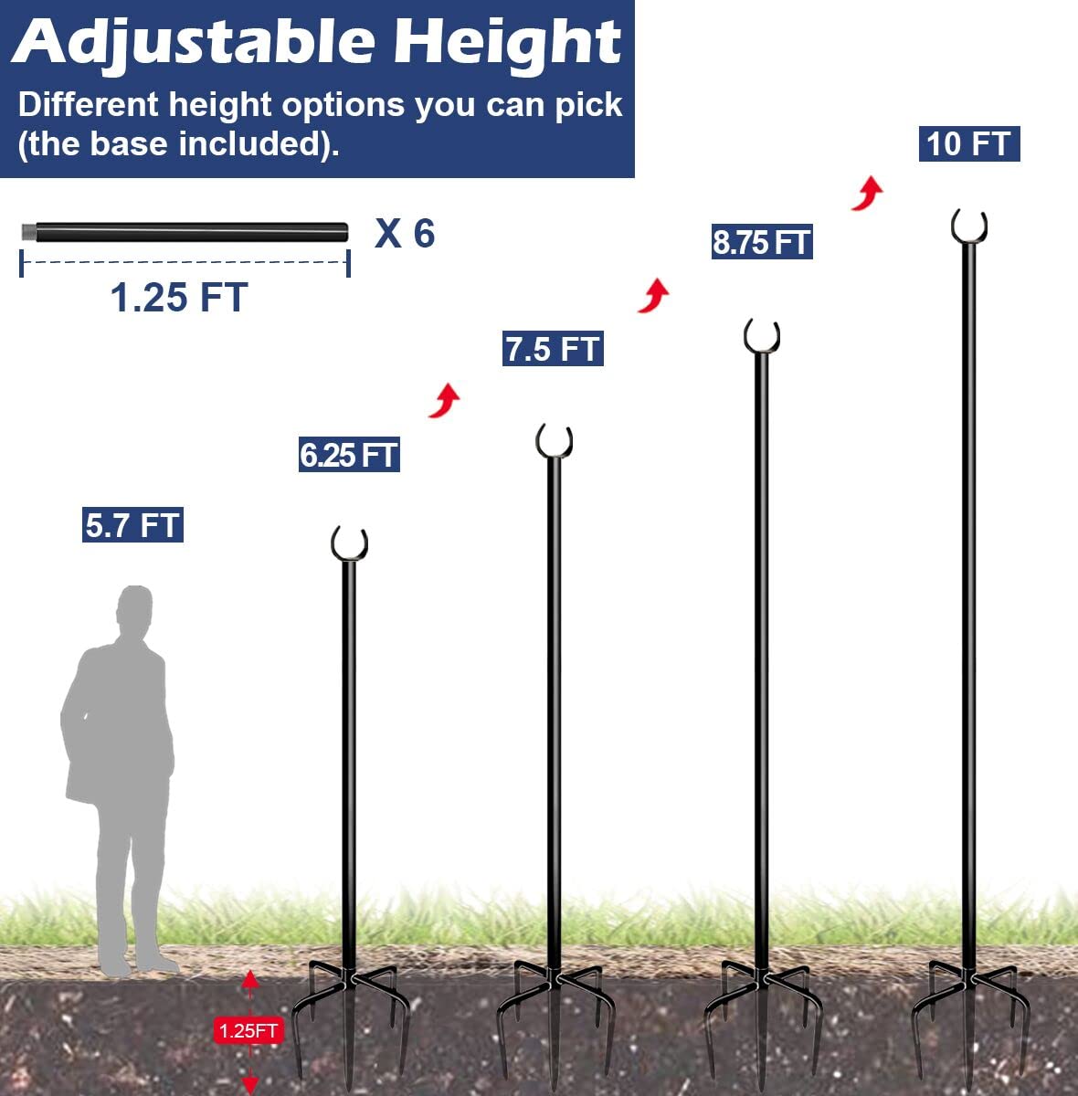Eazielife 10FT String Light Pole for Outdoor, Heavy Duty Metal Lighting Stand Pole for Garden Lawn Backyard Patio Holiday Wedding Party Decorations (1 Pack)