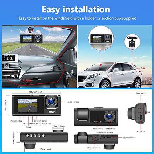 SIXWIN Dash Cam Front and Rear Triple lences Dash Cam with 32G TF Card 2 inch Dashboard Camera 1080P Full HD 130°Wide Angle with Parking Monitor Loop Record Voice Record Night Vision Backup Camera