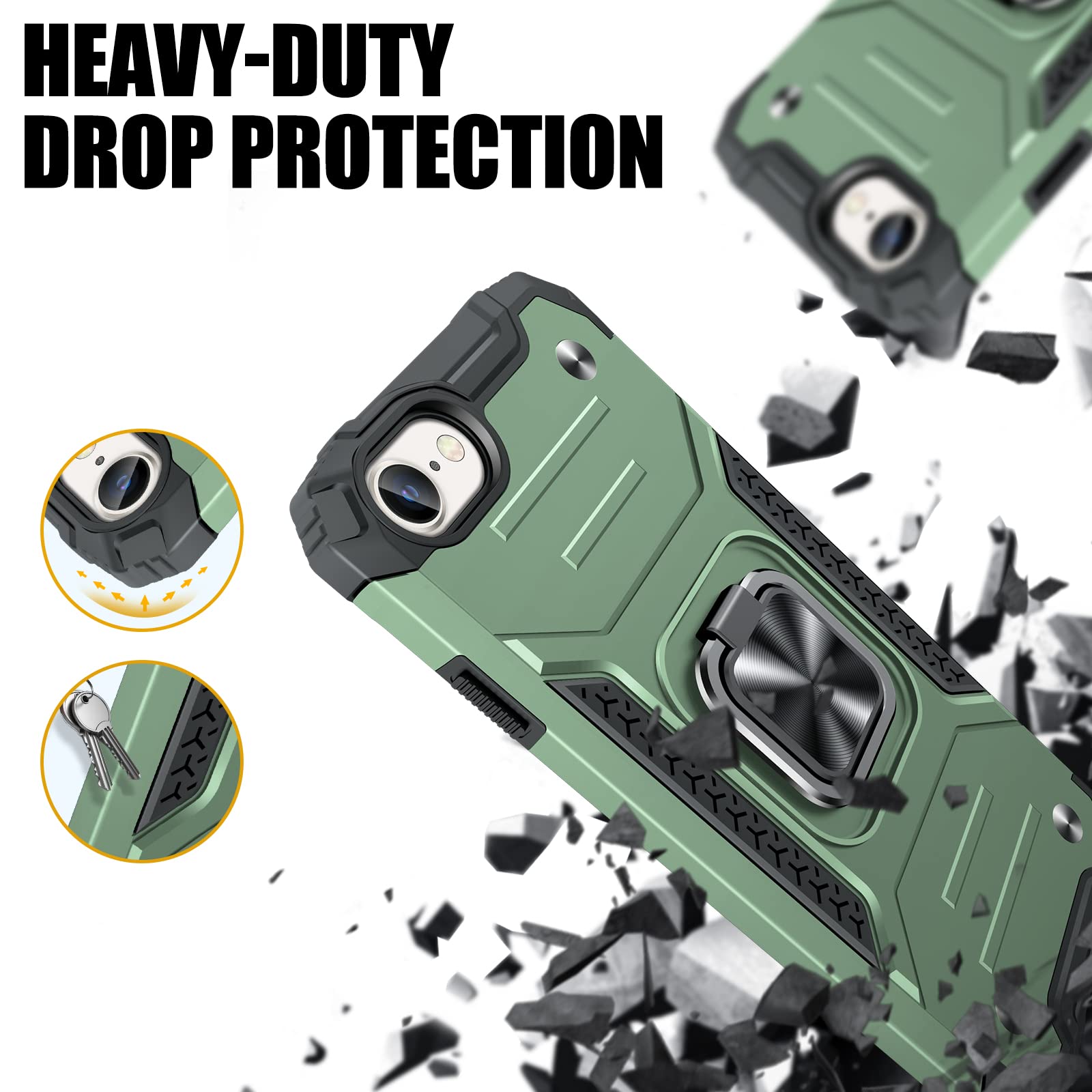 JAME Case for iPhone SE 2022/2020 Case with Tempered-Glass Screen Protector 2Pcs, for iPhone 8 Case, for iPhone 7 Case, for iPhone 6s Case, Military-Grade Protection, with Ring Kickstand, Alpine-Green