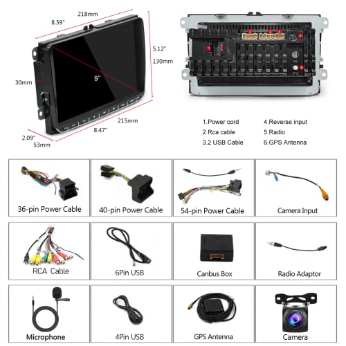 Car Stereo Radio Receiver with Wireless Apple Carplay Android Auto, 9 Inch Touch Screen with Bluetooth WiFi GPS Navigation SWC Backup Camera, for Volkswagen Jetta Skoda Golf Tiguan Passat Seat 2+32GB