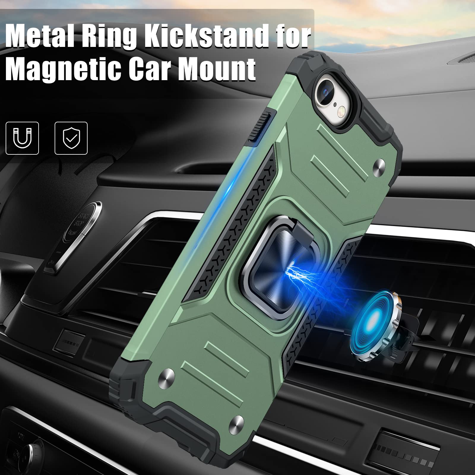 JAME Case for iPhone SE 2022/2020 Case with Tempered-Glass Screen Protector 2Pcs, for iPhone 8 Case, for iPhone 7 Case, for iPhone 6s Case, Military-Grade Protection, with Ring Kickstand, Alpine-Green