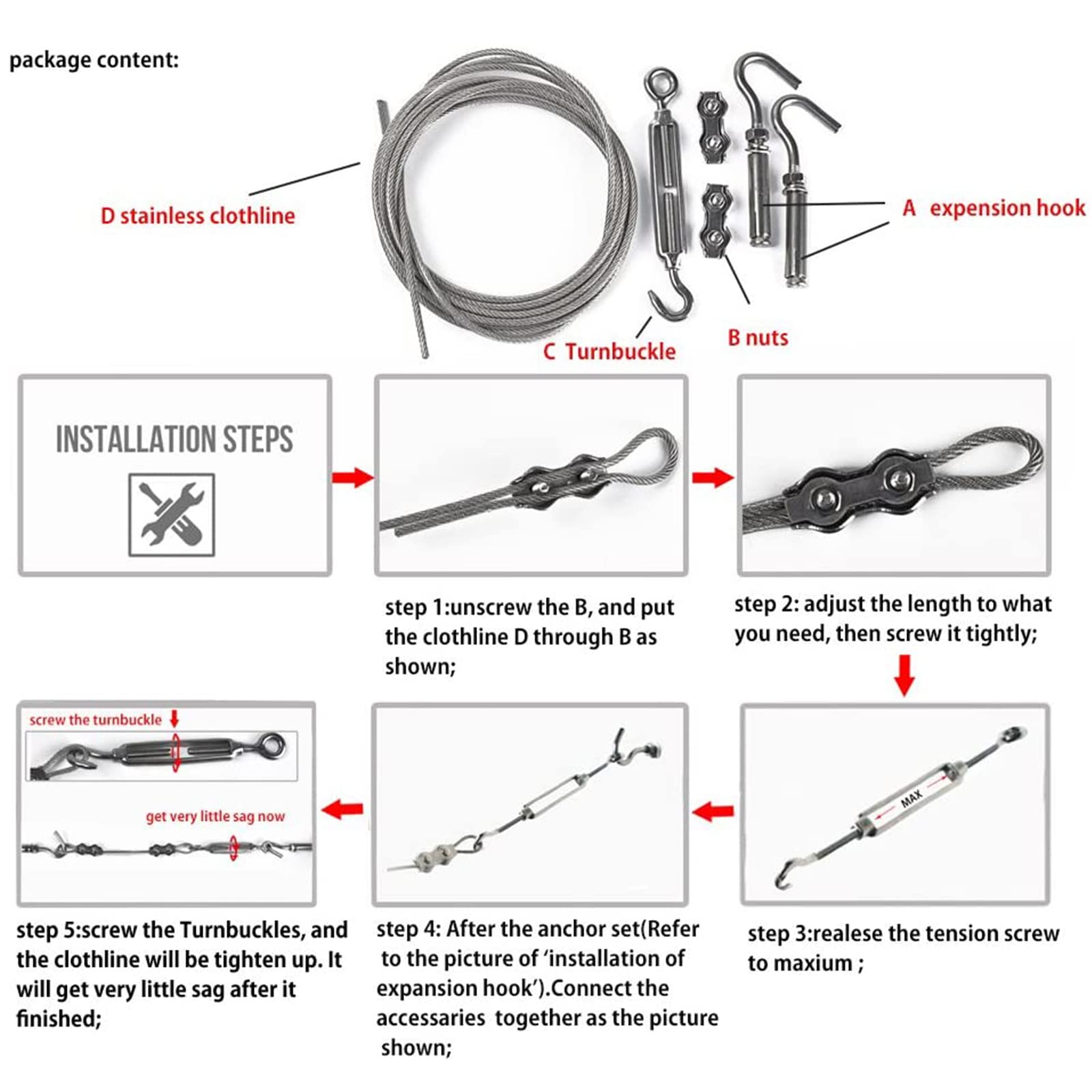17.4FT Stainless Steel Clothes Lines for Hanging Clothes Outside - DEWEL Clothesline Heavy Duty for Wire Curtain Hanging - Windproof Anti-sag Multipurpose Outdoor Clothesline