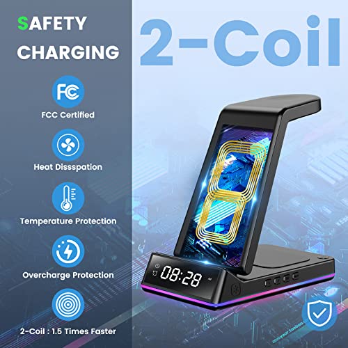 DLveer Wireless Charger - 3 in 1 Wireless Charging Station with Alarm/Clock/Night Light,Charger Stand for iWatch,Airpods Pro,iPhone 14/13/12/11 Pro/X/Xs Max/8 Plus/Samsung Phone(with 18W Adapter)