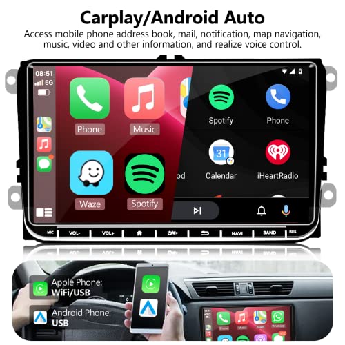 Car Stereo Radio Receiver with Wireless Apple Carplay Android Auto, 9 Inch Touch Screen with Bluetooth WiFi GPS Navigation SWC Backup Camera, for Volkswagen Jetta Skoda Golf Tiguan Passat Seat 2+32GB