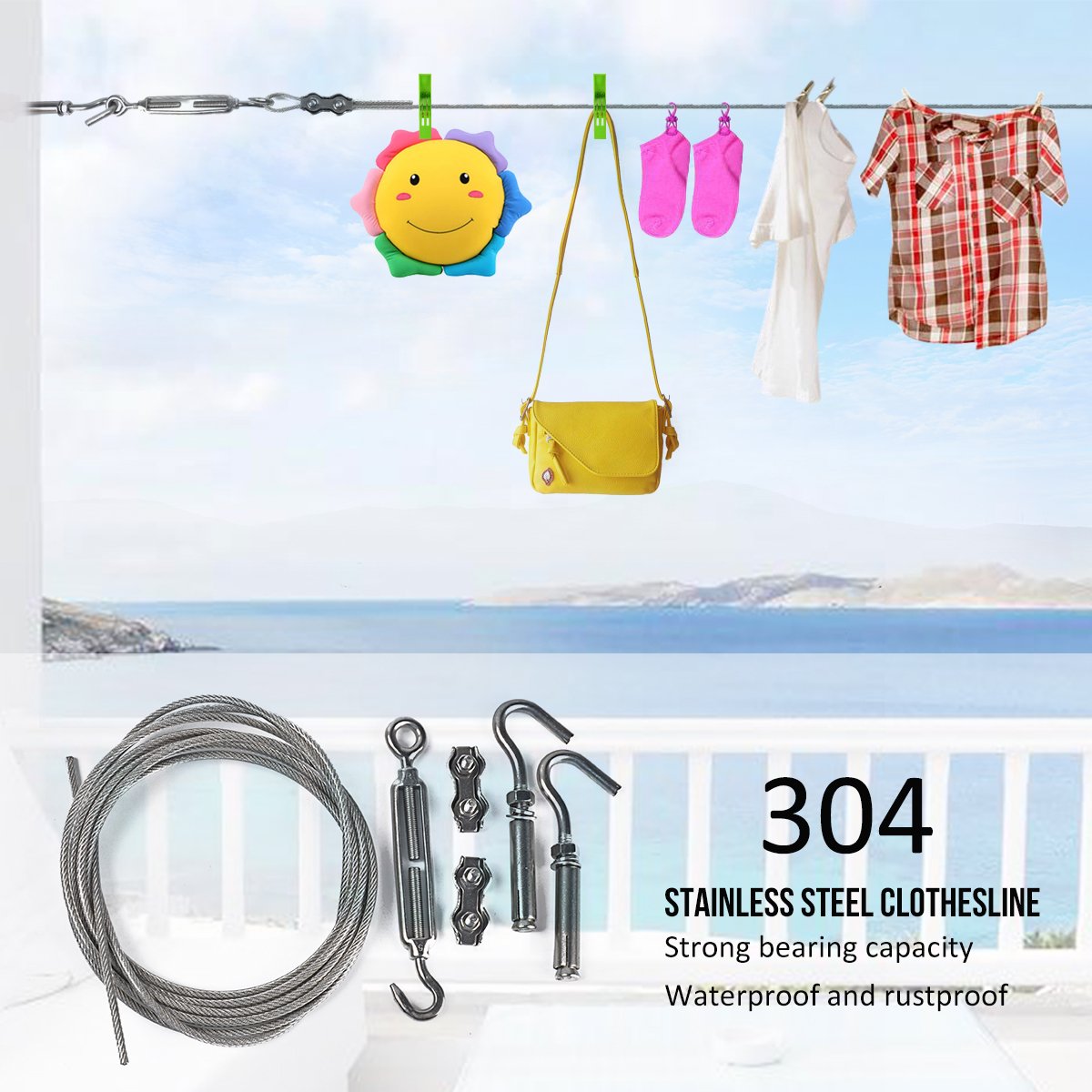 17.4FT Stainless Steel Clothes Lines for Hanging Clothes Outside - DEWEL Clothesline Heavy Duty for Wire Curtain Hanging - Windproof Anti-sag Multipurpose Outdoor Clothesline
