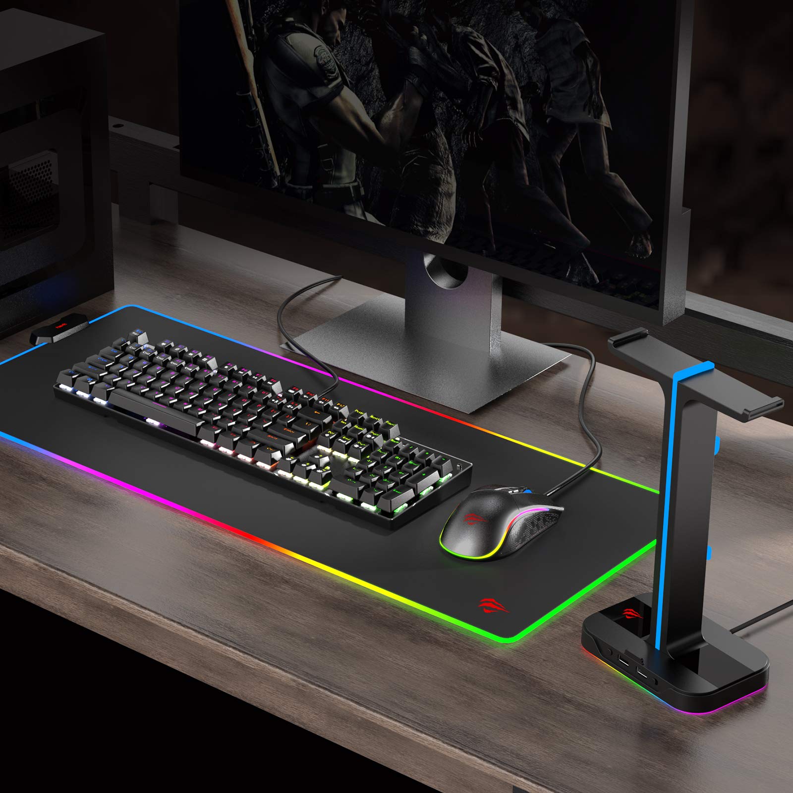 Havit RGB Gaming Mouse Pad & Headset Stand Combo Set, Extra Large Mouse Mat & Desk Headphones Hanger Base with 2 USB Ports Phone Holder Headset Organizer Stand for Desktop PC Game Accessories