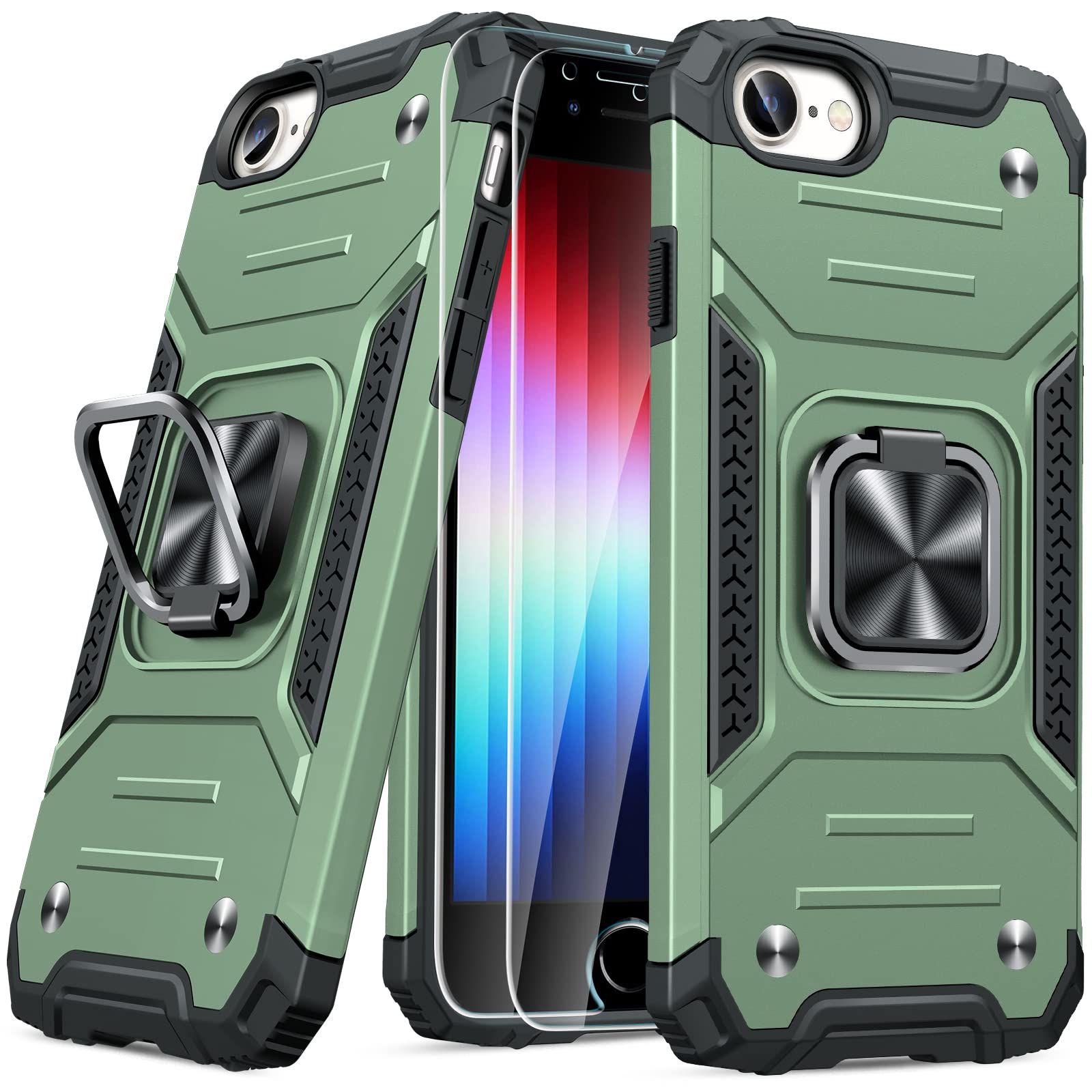 JAME Case for iPhone SE 2022/2020 Case with Tempered-Glass Screen Protector 2Pcs, for iPhone 8 Case, for iPhone 7 Case, for iPhone 6s Case, Military-Grade Protection, with Ring Kickstand, Alpine-Green