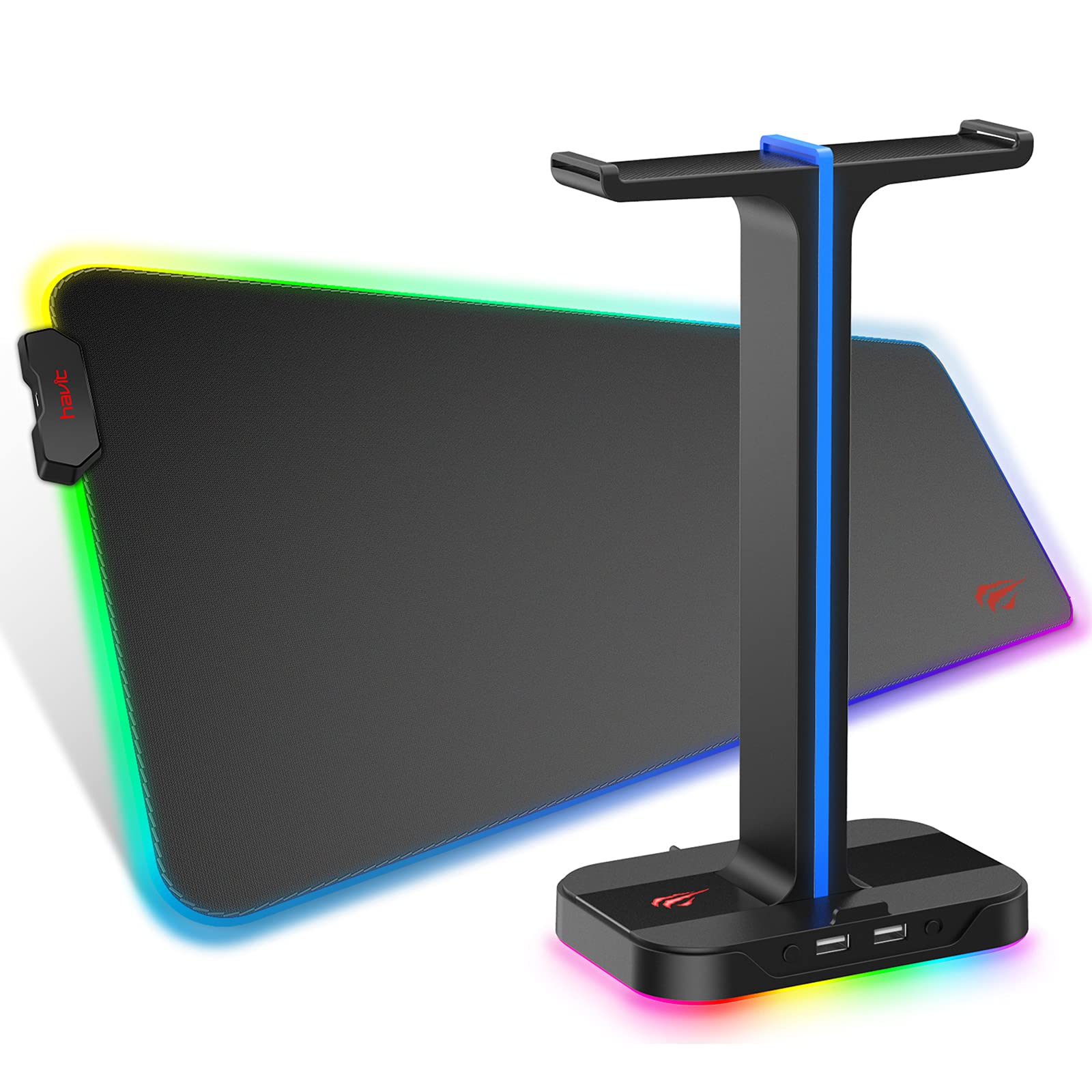 Havit RGB Gaming Mouse Pad & Headset Stand Combo Set, Extra Large Mouse Mat & Desk Headphones Hanger Base with 2 USB Ports Phone Holder Headset Organizer Stand for Desktop PC Game Accessories