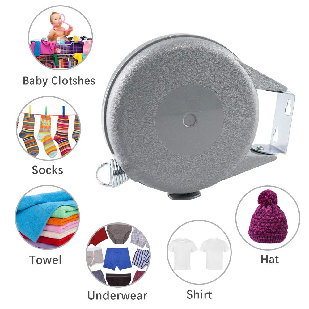 Retractable Clothesline Wall Mounted, Single Extendable Clothes Line Laundry Dryer, Adjustable Heavy Duty Washingline for Indoor Outdoor, Garden, Patio, Laundry - Easy Installation(49FT Grey)
