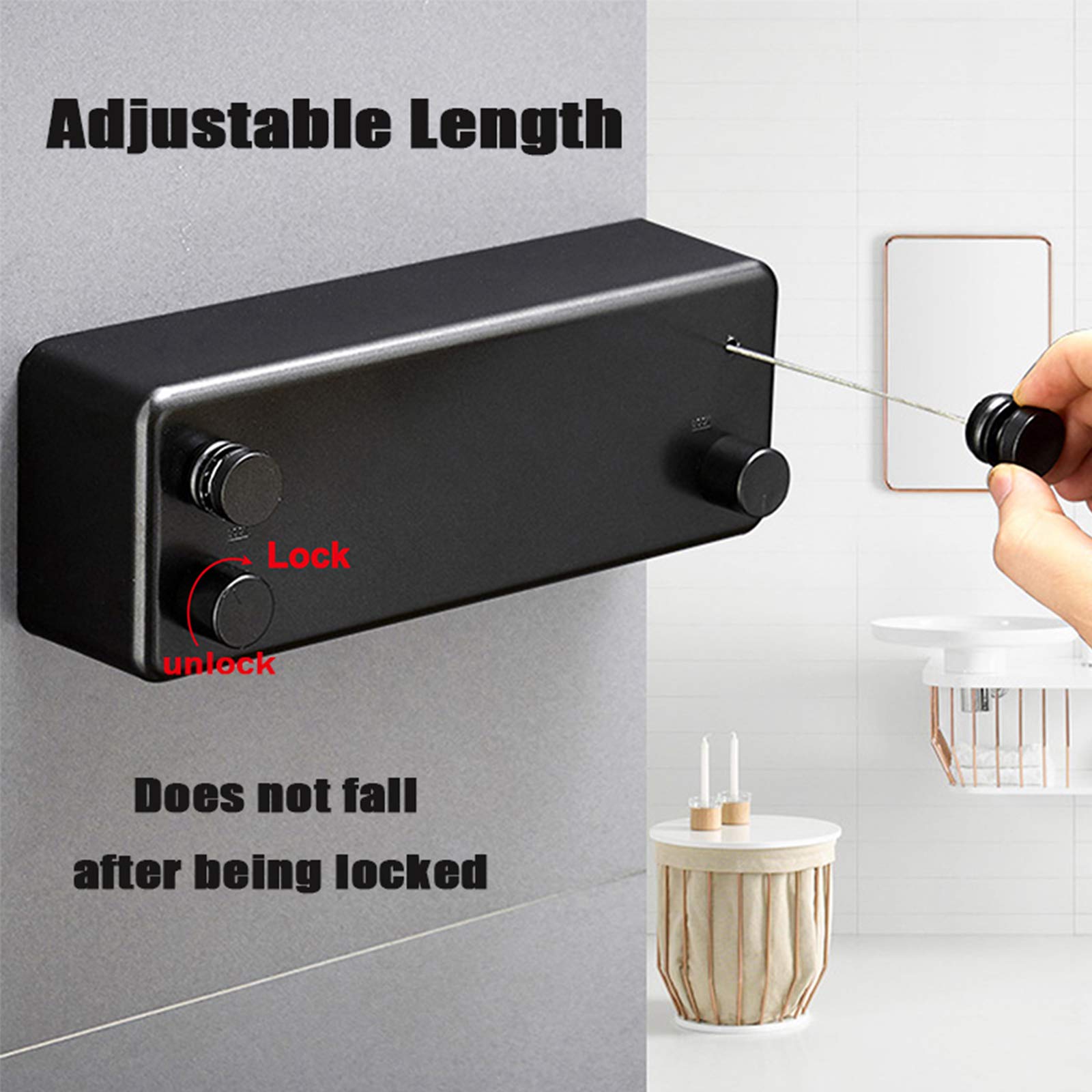 BAKALA Retractable Clothesline Indoors Laundry Line with Adjustable Stainless Steel Double Rope,Wall Mounted Space-Saver Drying Line for Balcony,Bathroom,13.8 Feets Clothes Line(Black)