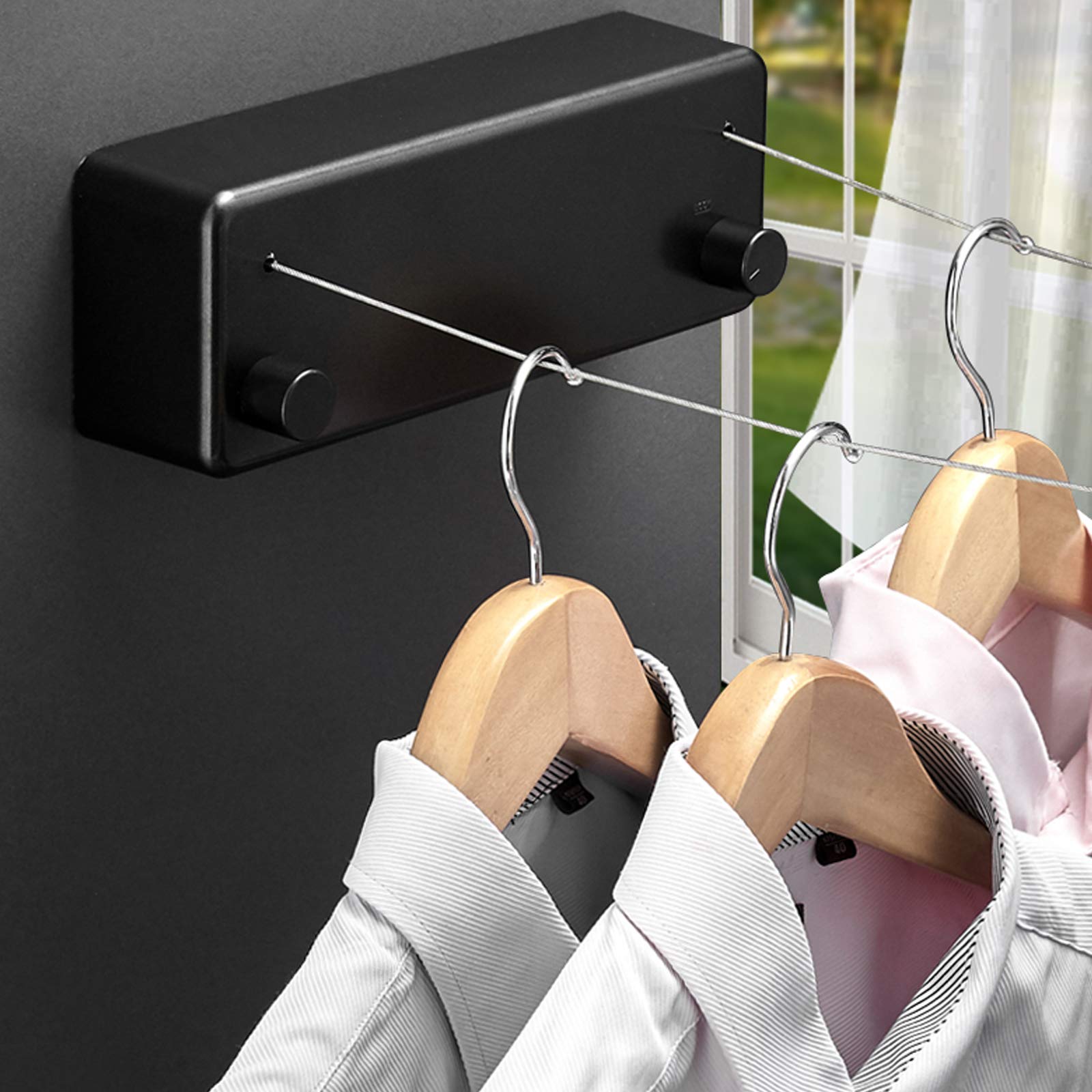 BAKALA Retractable Clothesline Indoors Laundry Line with Adjustable Stainless Steel Double Rope,Wall Mounted Space-Saver Drying Line for Balcony,Bathroom,13.8 Feets Clothes Line(Black)