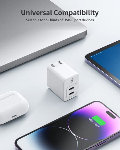 USB C Charger 35W Mini Dual Port USB Charger Block, GaN III Intelligent Distribution PD Fast USB C Wall Charger Adapter with Foldable Plug for MacBook Pro/Air, IPad,iPhone 14/14pro/13/13pro and More