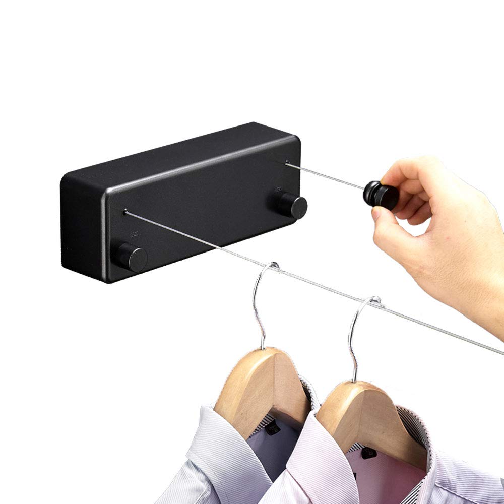 BAKALA Retractable Clothesline Indoors Laundry Line with Adjustable Stainless Steel Double Rope,Wall Mounted Space-Saver Drying Line for Balcony,Bathroom,13.8 Feets Clothes Line(Black)