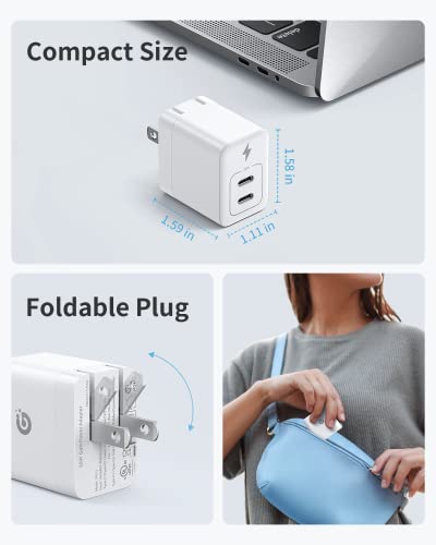 USB C Charger 35W Mini Dual Port USB Charger Block, GaN III Intelligent Distribution PD Fast USB C Wall Charger Adapter with Foldable Plug for MacBook Pro/Air, IPad,iPhone 14/14pro/13/13pro and More