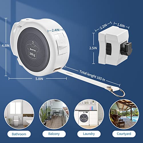 Retractable Clothesline, Wall Mounted Clothing Line, Lock to Prevent Sagging Heavy Duty Clothes Drying Laundry Line, Retracting Hanging Clothes Line Indoor Outdoor White