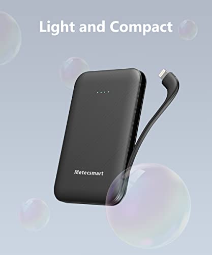 Metecsmart 4500mAh Small Portable Phone Charger, Mini Power Bank Fast Charging, Three Output Type C Input External Battery Pack, Built in a Cable Compatible with iPhone and iPad
