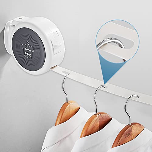 Retractable Clothesline, Wall Mounted Clothing Line, Lock to Prevent Sagging Heavy Duty Clothes Drying Laundry Line, Retracting Hanging Clothes Line Indoor Outdoor White