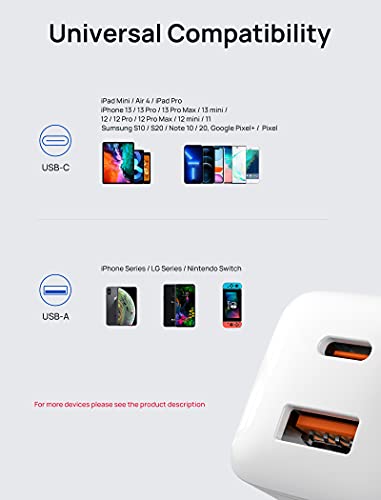 USB C Charger Block, JSAUX 20W Dual Port Fast Charger, USB Type C PD and QC 3.0 Foldable Wall Charger Plug Mini Adapter for iPhone 14 13 12 Pro Max SE, Apple Watch Series 7, iPad Pro Air, Airpods