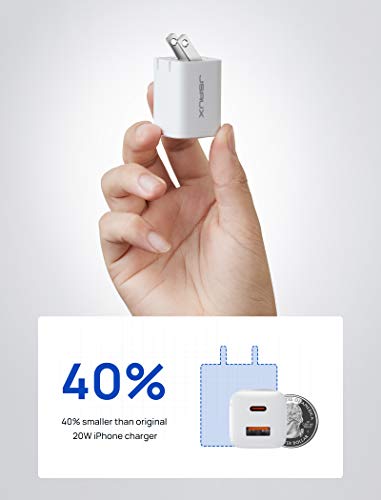 USB C Charger Block, JSAUX 20W Dual Port Fast Charger, USB Type C PD and QC 3.0 Foldable Wall Charger Plug Mini Adapter for iPhone 14 13 12 Pro Max SE, Apple Watch Series 7, iPad Pro Air, Airpods
