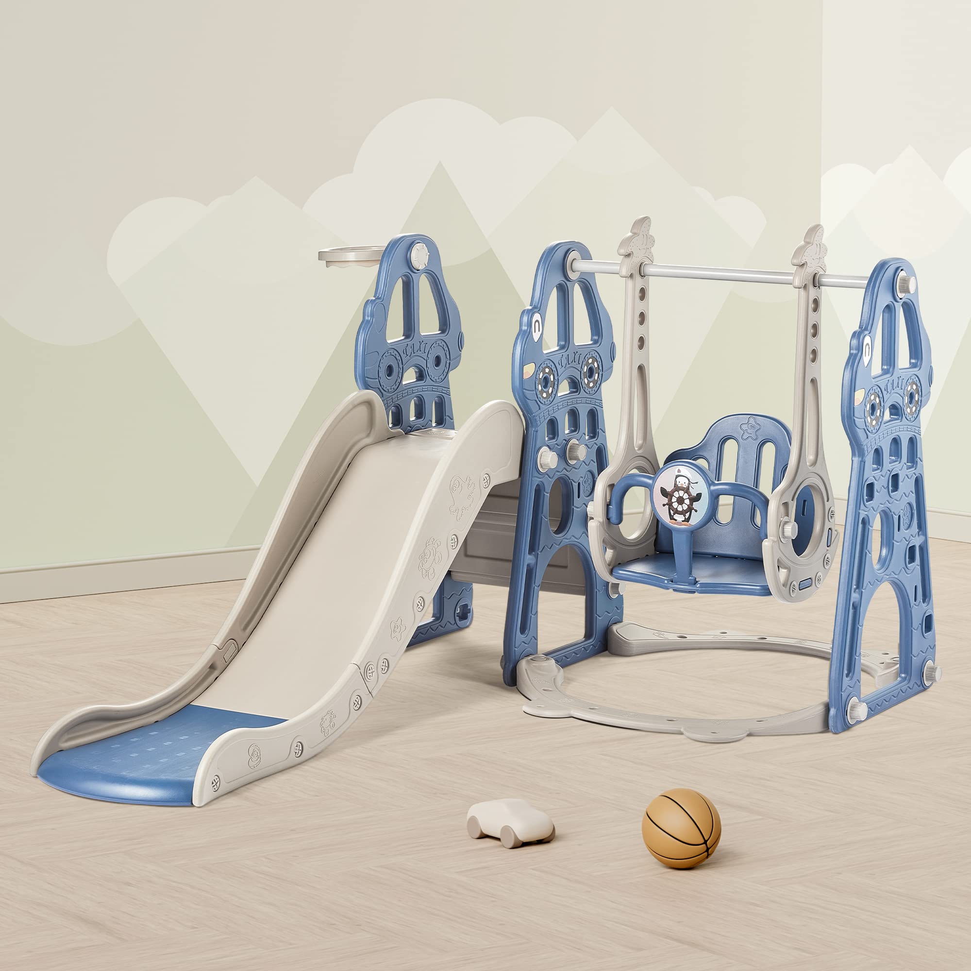 4 in 1 Toddler Slide and Swing Set, Kid Slide for Toddlers Age 1-2, Baby Slide with Basketball Hoop, Indoor Outdoor Slide Toddler Playset Toddler Playgroundโ Blue