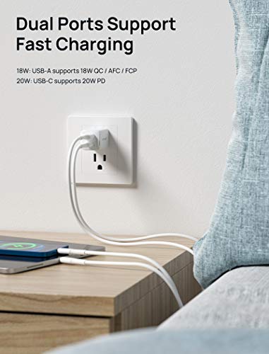 USB C Charger Block, JSAUX 20W Dual Port Fast Charger, USB Type C PD and QC 3.0 Foldable Wall Charger Plug Mini Adapter for iPhone 14 13 12 Pro Max SE, Apple Watch Series 7, iPad Pro Air, Airpods