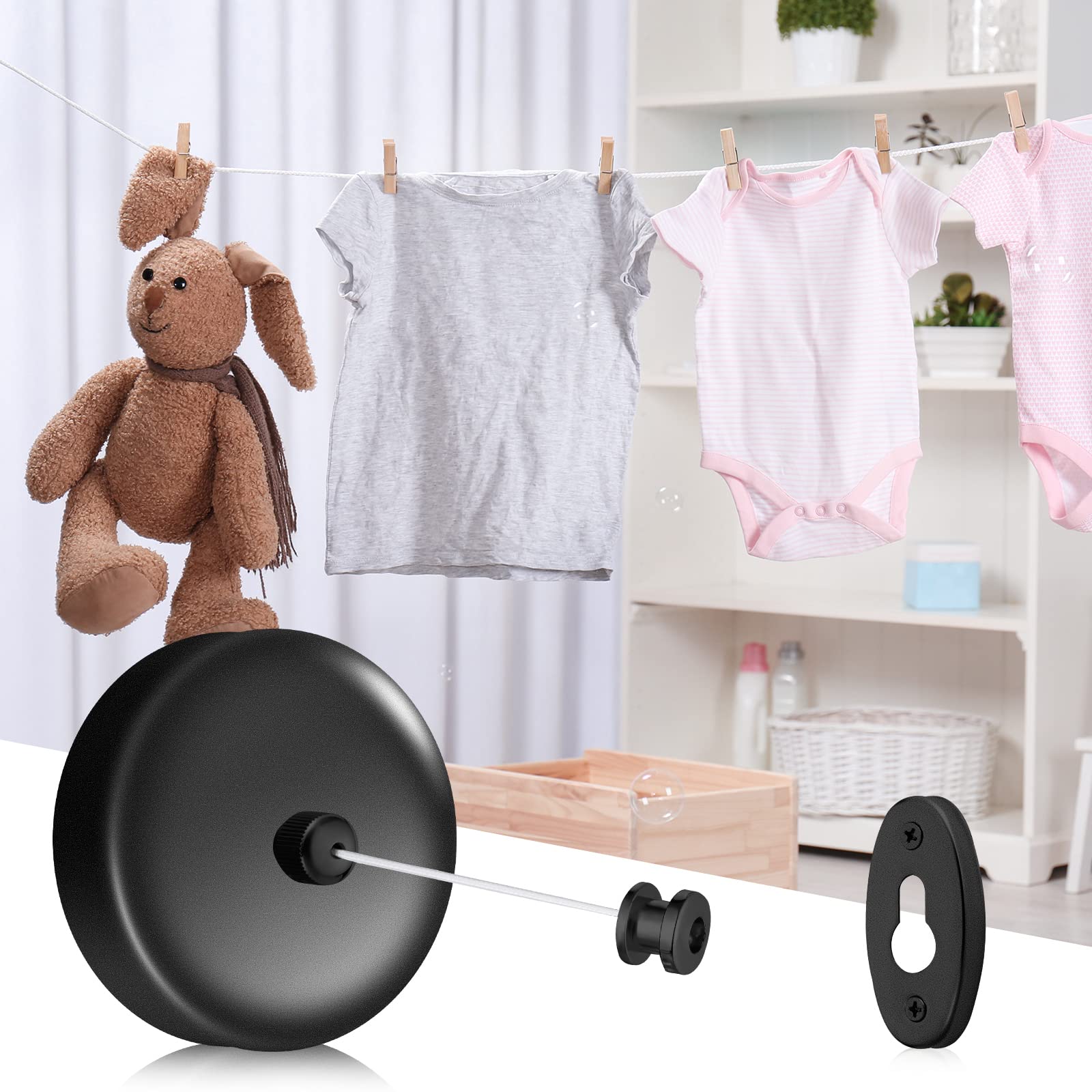 4 Pieces Retractable Clothesline 304 Stainless Steel Cloth Line 9.2ft Retracting Adjustable Laundry Line Heavy Duty Shower Rope String Retracting Clothesline for Indoor Outdoor Home (Black)