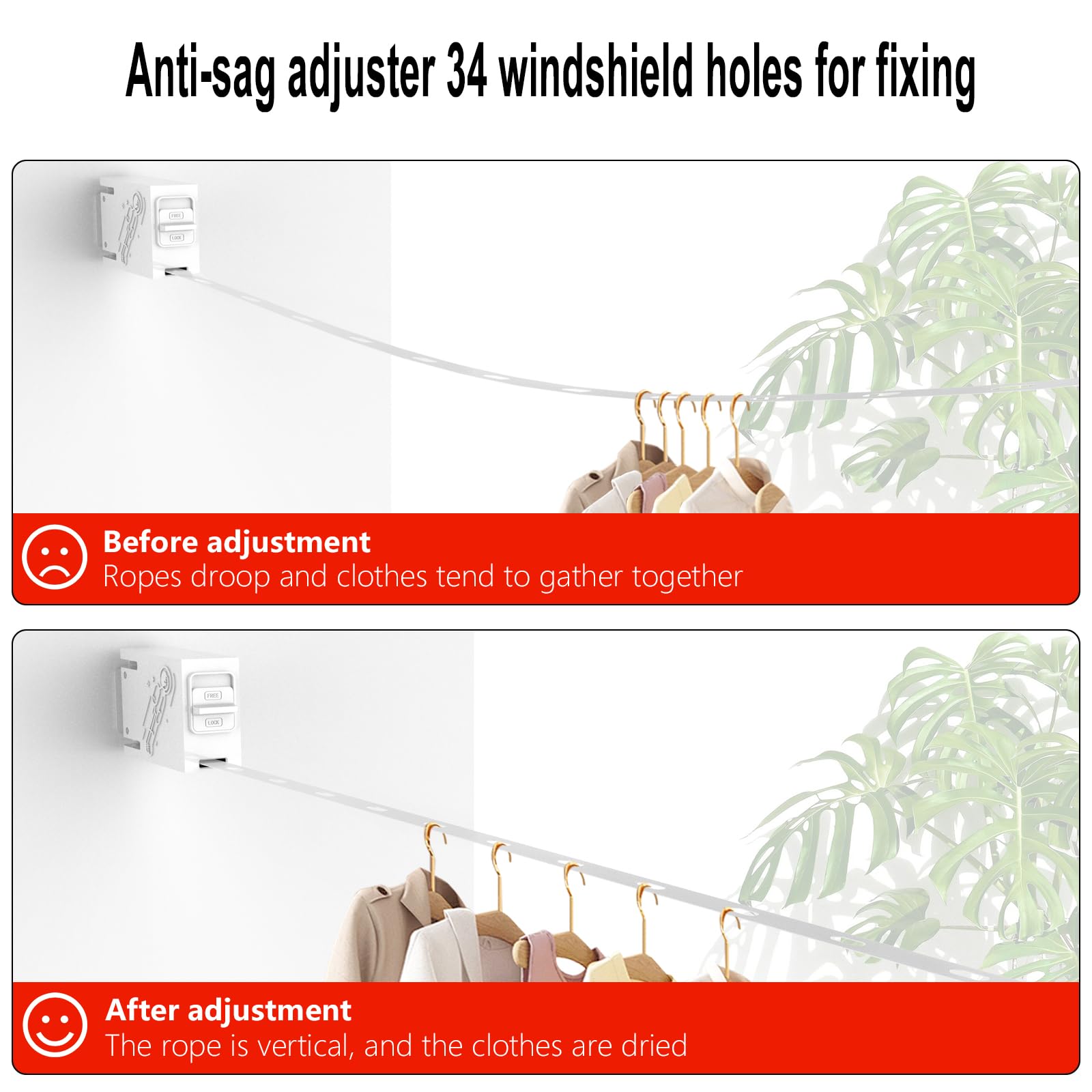 Tekeviss Retractable Clothesline,Portable Heavy Duty Indoor and Outdoor,13.12 Ft Composite TPU Material with 34 Windproof Hanging Holes Prevents Clothes from Gathering and Sagging,Easy to Install