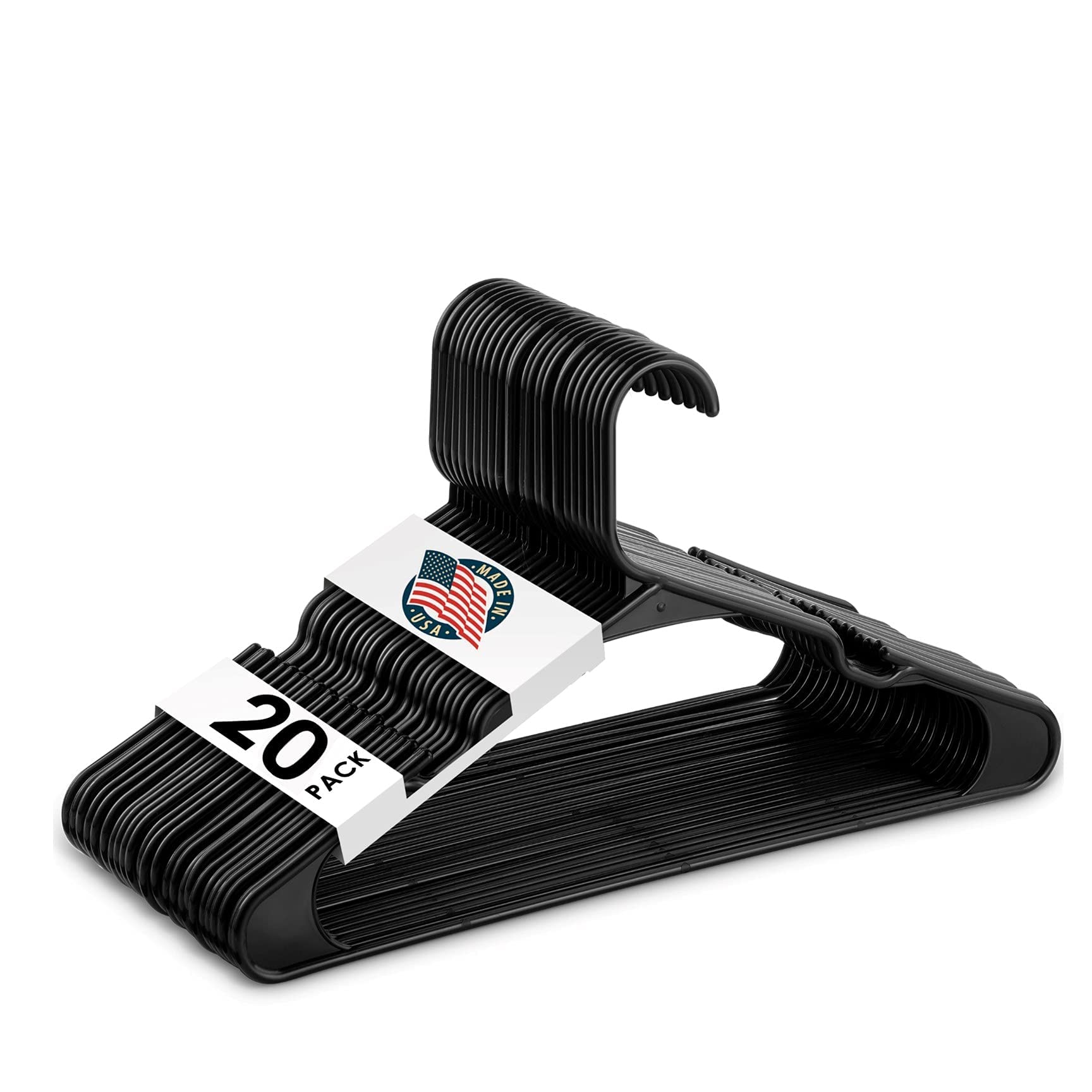 Hangorize Plastic Hangers 20 Pack, Standard-Size Clothes Black Plastic Hangers w/Notches - Black Hangers Plastic for Clothing & Accessories - Closet Organization Essentials for Home, Apartment, Dorm