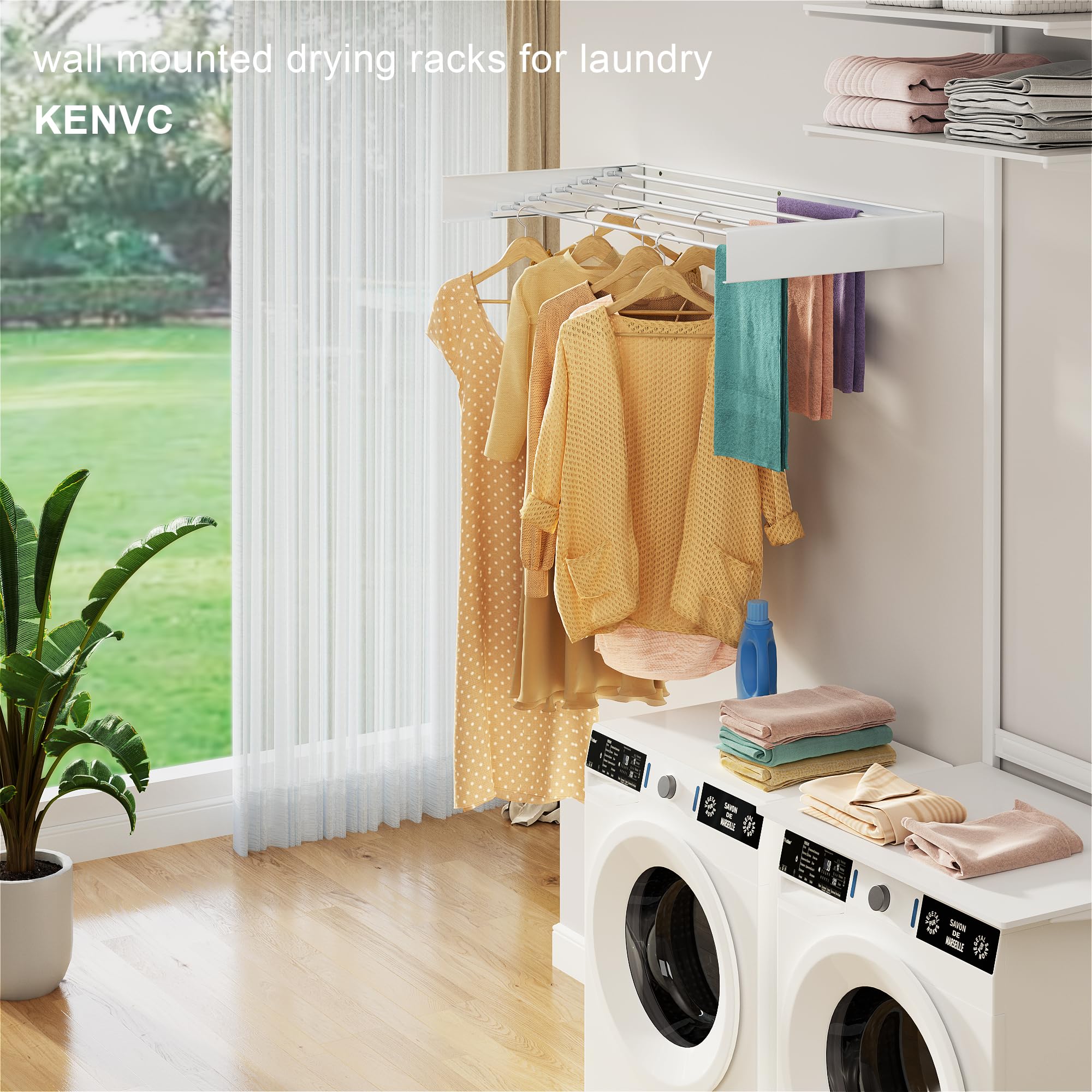 kenvc Laundry Drying Rack Collapsible, Wall Mounted, Clothes Drying Rack, 40" Wide, 16.4 Linear Ft, 5 Aluminum Rods, 60 lb Capacity, with Wall Template, Screwdriver Bit, Drill Bit (White 40" Large)