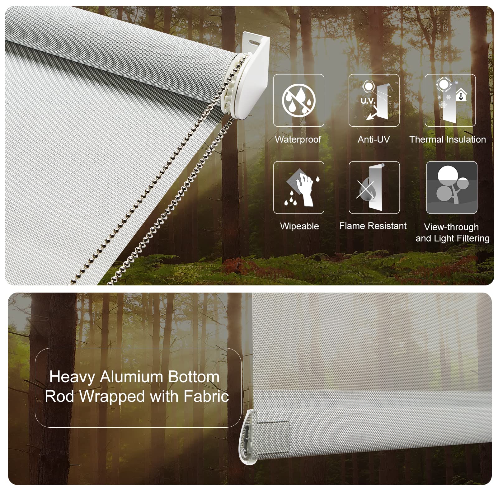 Persilux Solar Roller Shades Light Filtering Roller Blinds for Windows Shades (35" W x 72" H, Grey) Flame Retardant, Semi Sheer Shades for Windows, Home, Office, Easy to Install