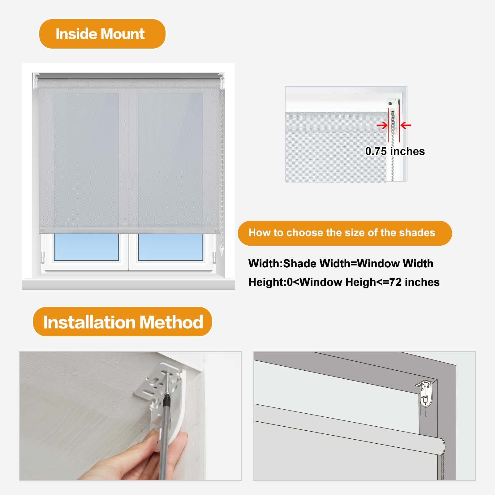 Persilux Solar Roller Shades Light Filtering Roller Blinds for Windows Shades (35" W x 72" H, Grey) Flame Retardant, Semi Sheer Shades for Windows, Home, Office, Easy to Install