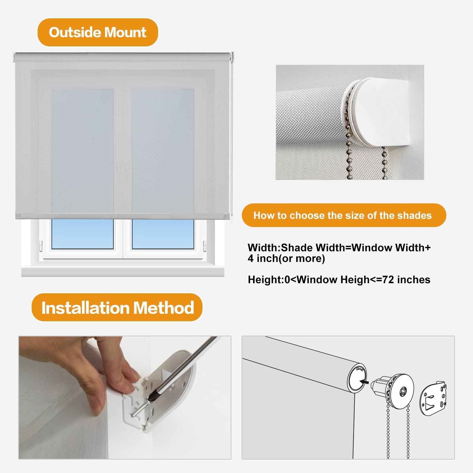 Persilux Solar Roller Shades Light Filtering Roller Blinds for Windows Shades (35" W x 72" H, Grey) Flame Retardant, Semi Sheer Shades for Windows, Home, Office, Easy to Install