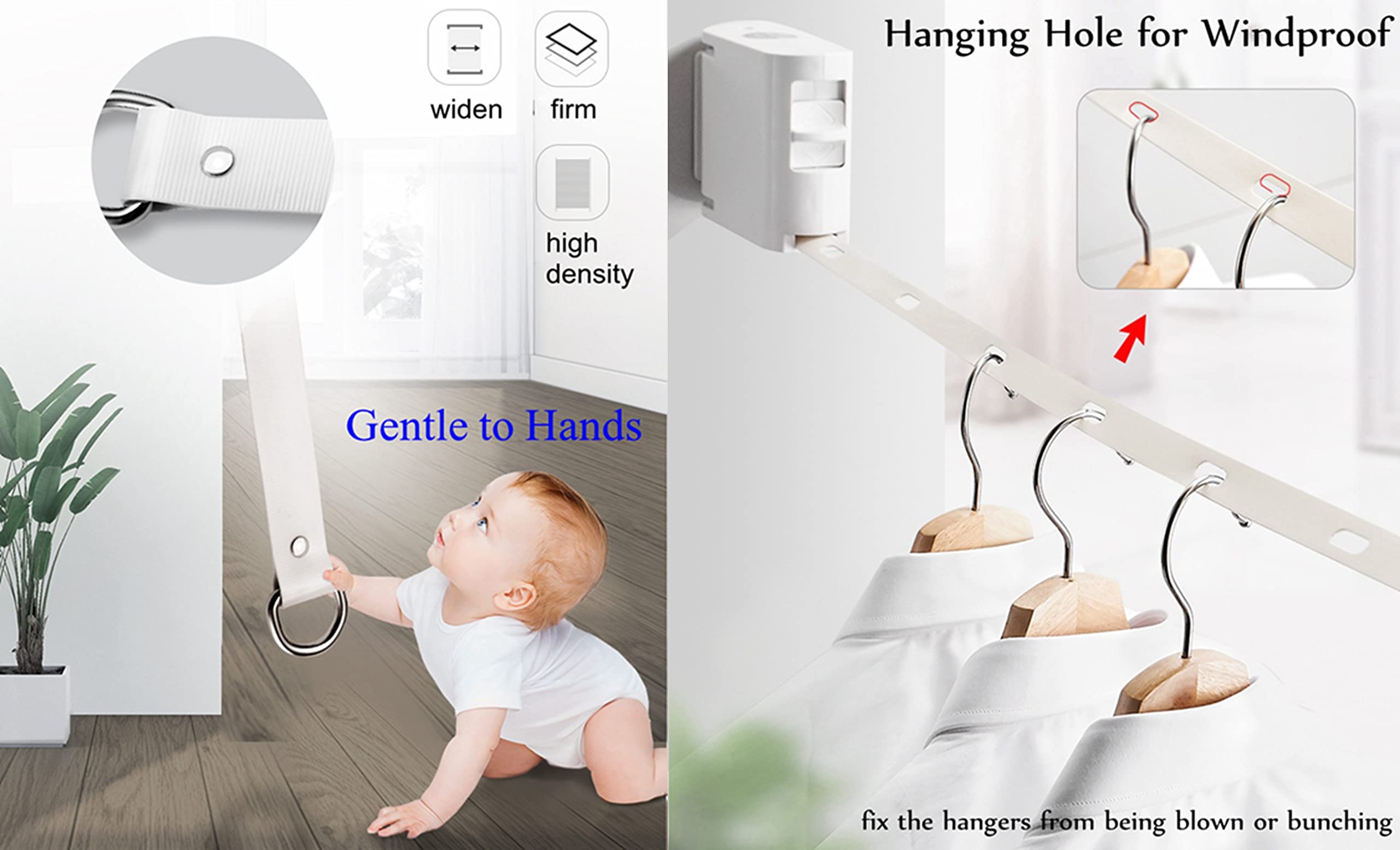 ABHILWY Retractable Clothesline Clothes Line Retracting Outdoor/Indoor, Heavy Duty Adjustable Drying Rope Wire Dryer Widened Belt, Self Adhesive Wall Mount Case with 29 Windproof Hanging Holes Black