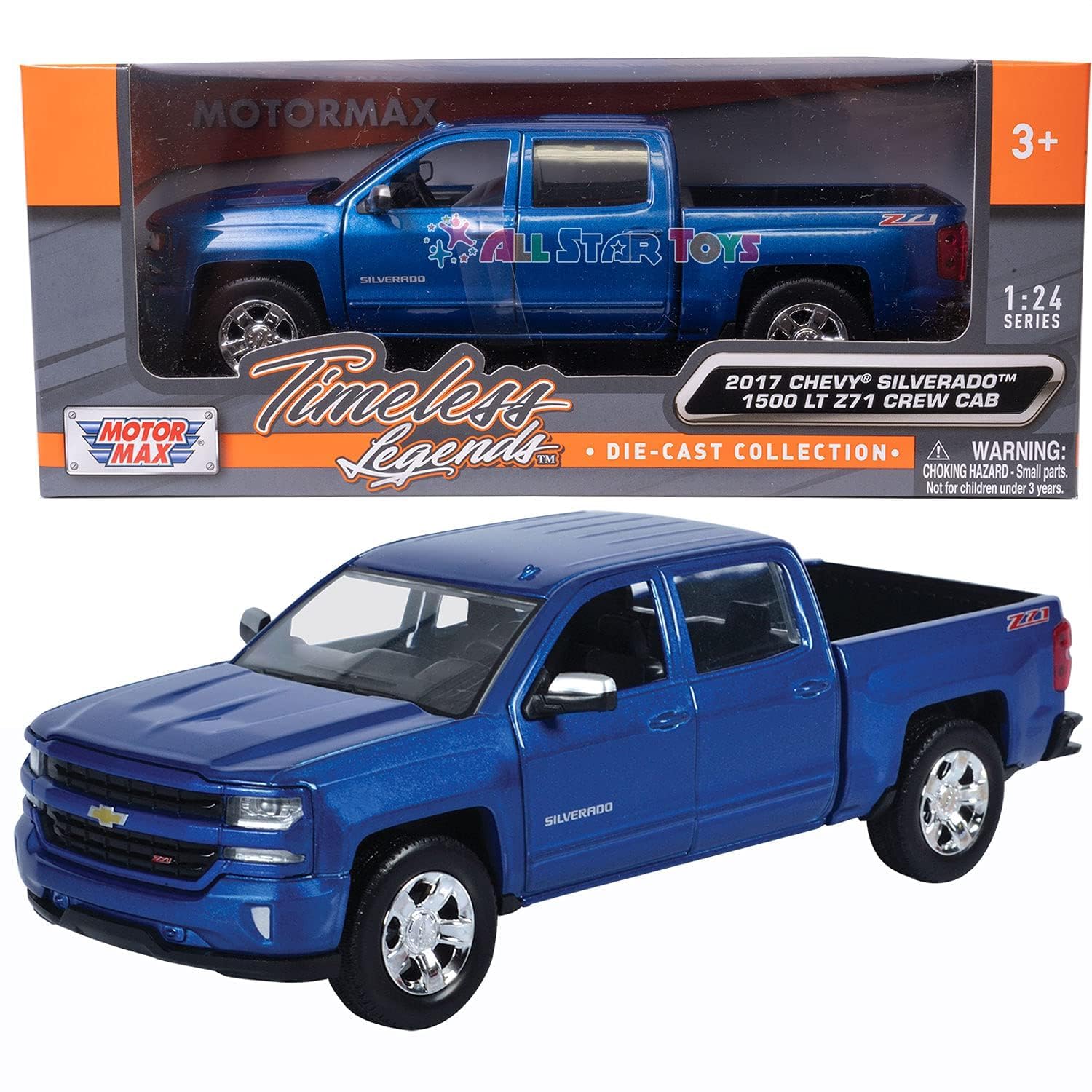 Motormax 2017 Chevrolet Silverado 1500 LT Z71 Crew Cab Pickup Truck 1/27 Scale Diecast Model Vehicle Blue