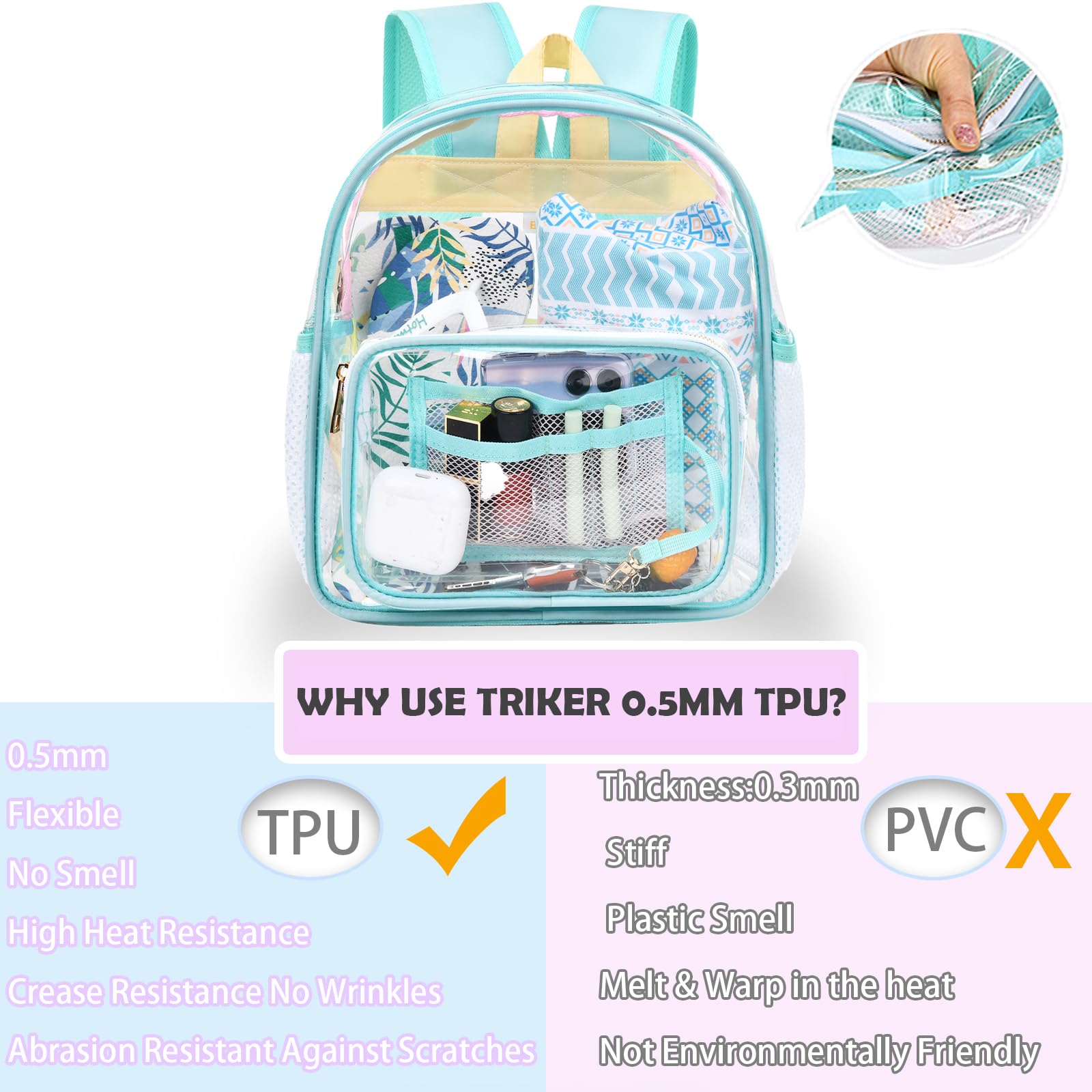 BYXEPA Clear Mini Backpack Stadium Approved Heavy Duty TPU See Through Transparent Backpacks Bookbags with Reinforced Strap for Girls Women Concerts and Sporting Event, Work, School, Security- 12*12*6in Lavender