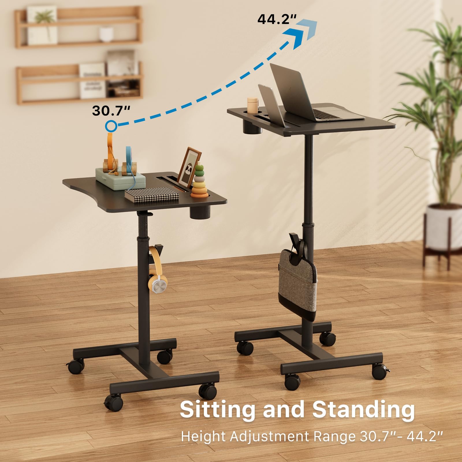 JYLH JOYSEEKER Mobile Standing Desk, 28 inch Height Adjustable Rolling Laptop Desk, Pneumatic Sit Stand Desk with Lockable Wheels, Portable Desk Workstation for Home Office, White