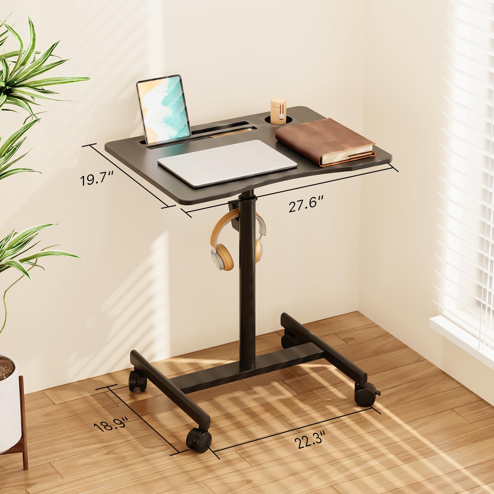 JYLH JOYSEEKER Mobile Standing Desk, 28 inch Height Adjustable Rolling Laptop Desk, Pneumatic Sit Stand Desk with Lockable Wheels, Portable Desk Workstation for Home Office, White