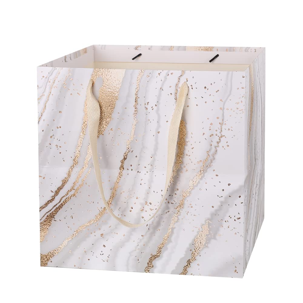 Yerpkefey 11.8" Large Gift Bagsļ¼Square Reusable Gift Bags Large for Birthday Wedding Christmas Presents Doll (White Gold)