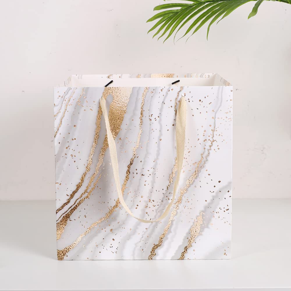 Yerpkefey 11.8" Large Gift Bags,Square Reusable Gift Bags Large for Birthday Wedding Christmas Presents Doll (White Gold)