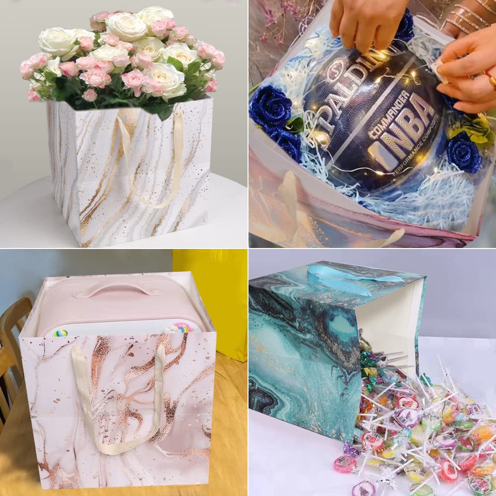 Yerpkefey 11.8" Large Gift Bags,Square Reusable Gift Bags Large for Birthday Wedding Christmas Presents Doll (White Gold)