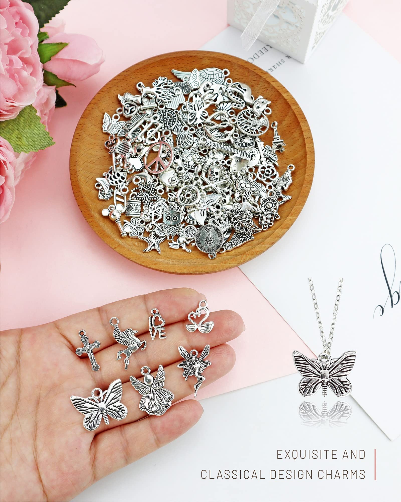 Wholesale Bulk Lots Jewelry Making Silver Charms Mixed Smooth Tibetan Silver Metal Charms Pendants DIY for Necklace Bracelet Jewelry Making and Crafting, JIALEEY 100 PCS
