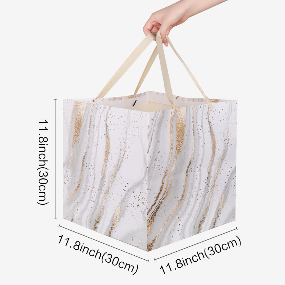 Yerpkefey 11.8" Large Gift Bags,Square Reusable Gift Bags Large for Birthday Wedding Christmas Presents Doll (White Gold)