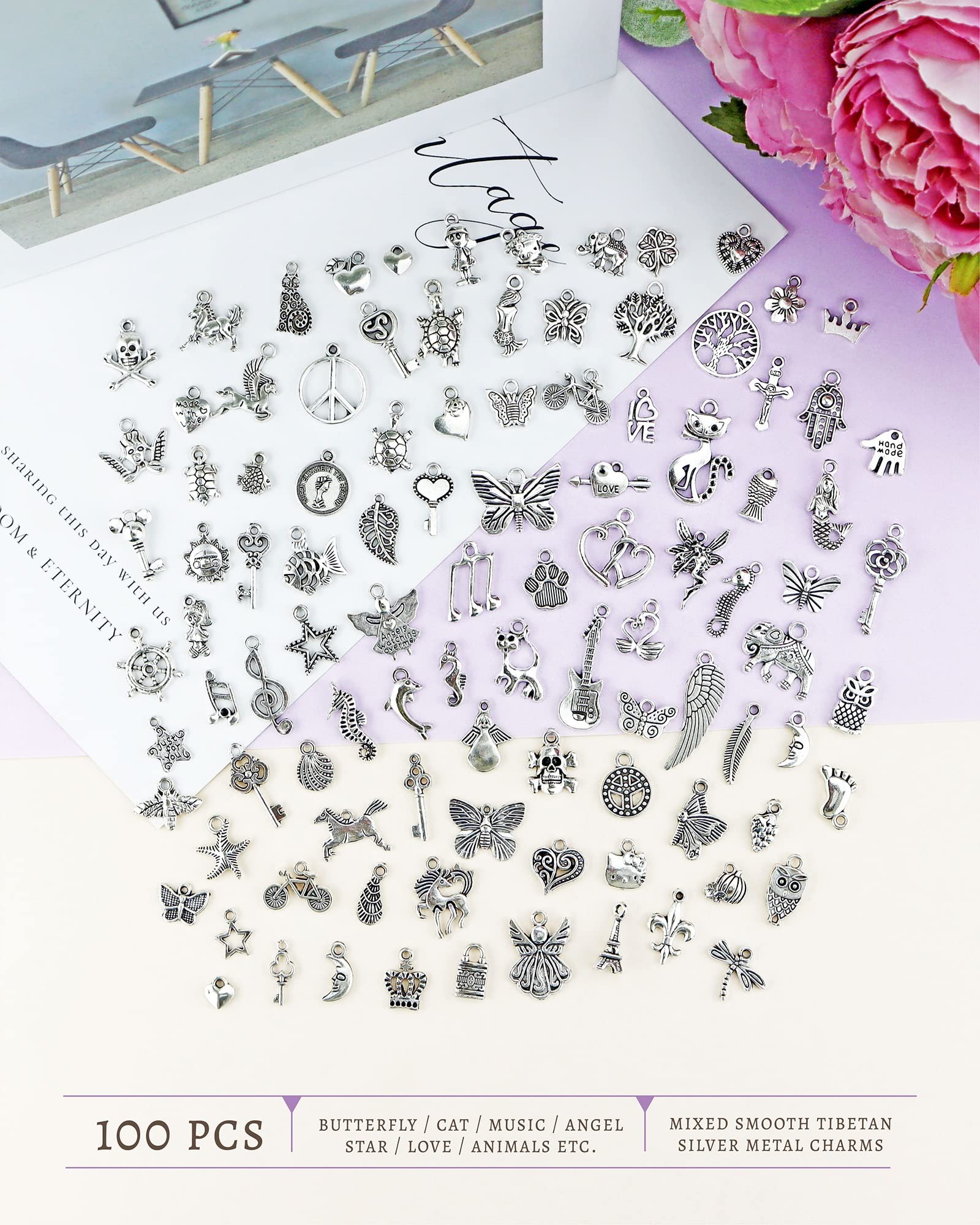 Wholesale Bulk Lots Jewelry Making Silver Charms Mixed Smooth Tibetan Silver Metal Charms Pendants DIY for Necklace Bracelet Jewelry Making and Crafting, JIALEEY 100 PCS