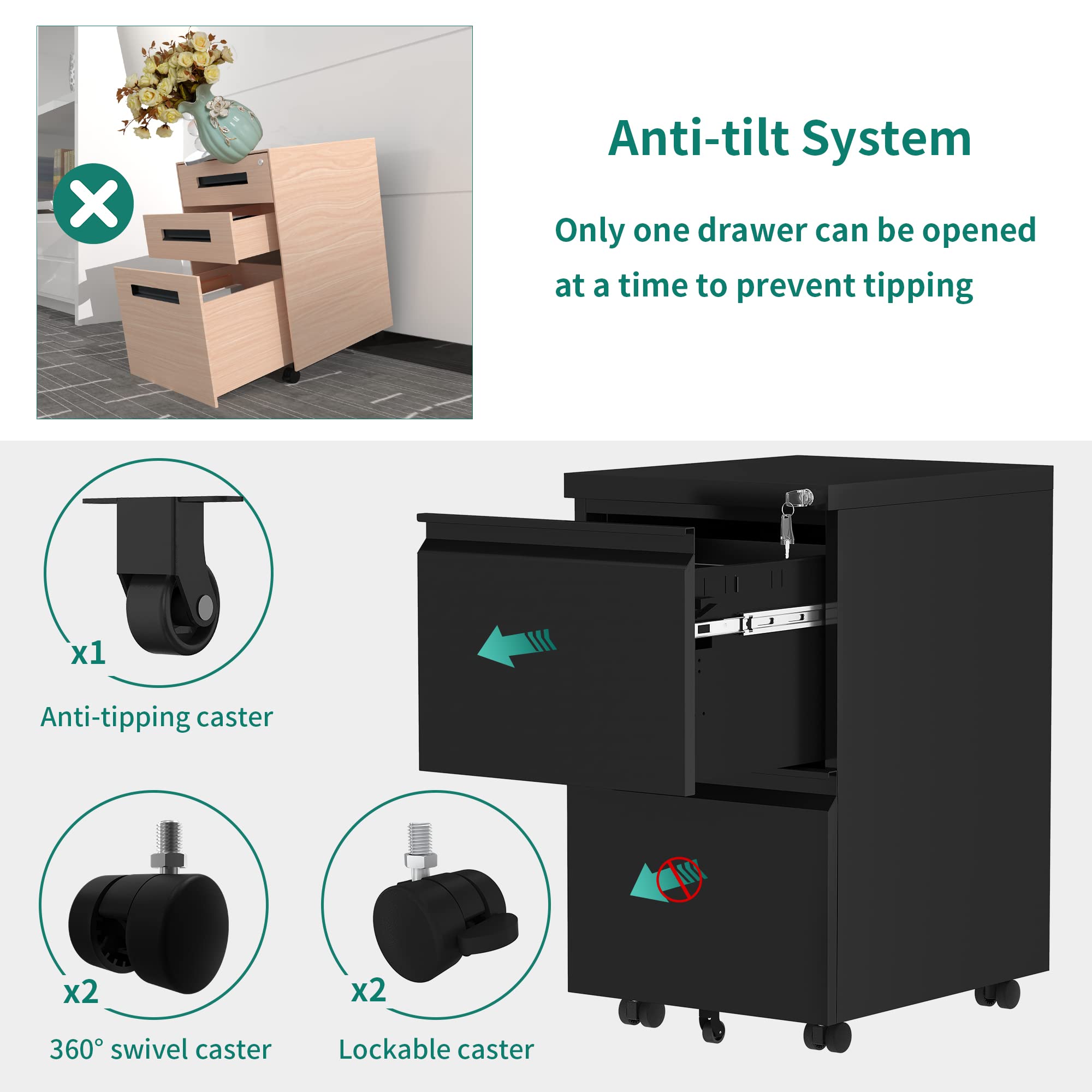 YITAHOME 2-Drawer Vertical File Cabinet with Lock, 20” Deep Mobile Metal Filing Cabinet for Legal/Letter Size, Pre-Built Office Storage File Cabinet Except Wheels Under Desk - Black
