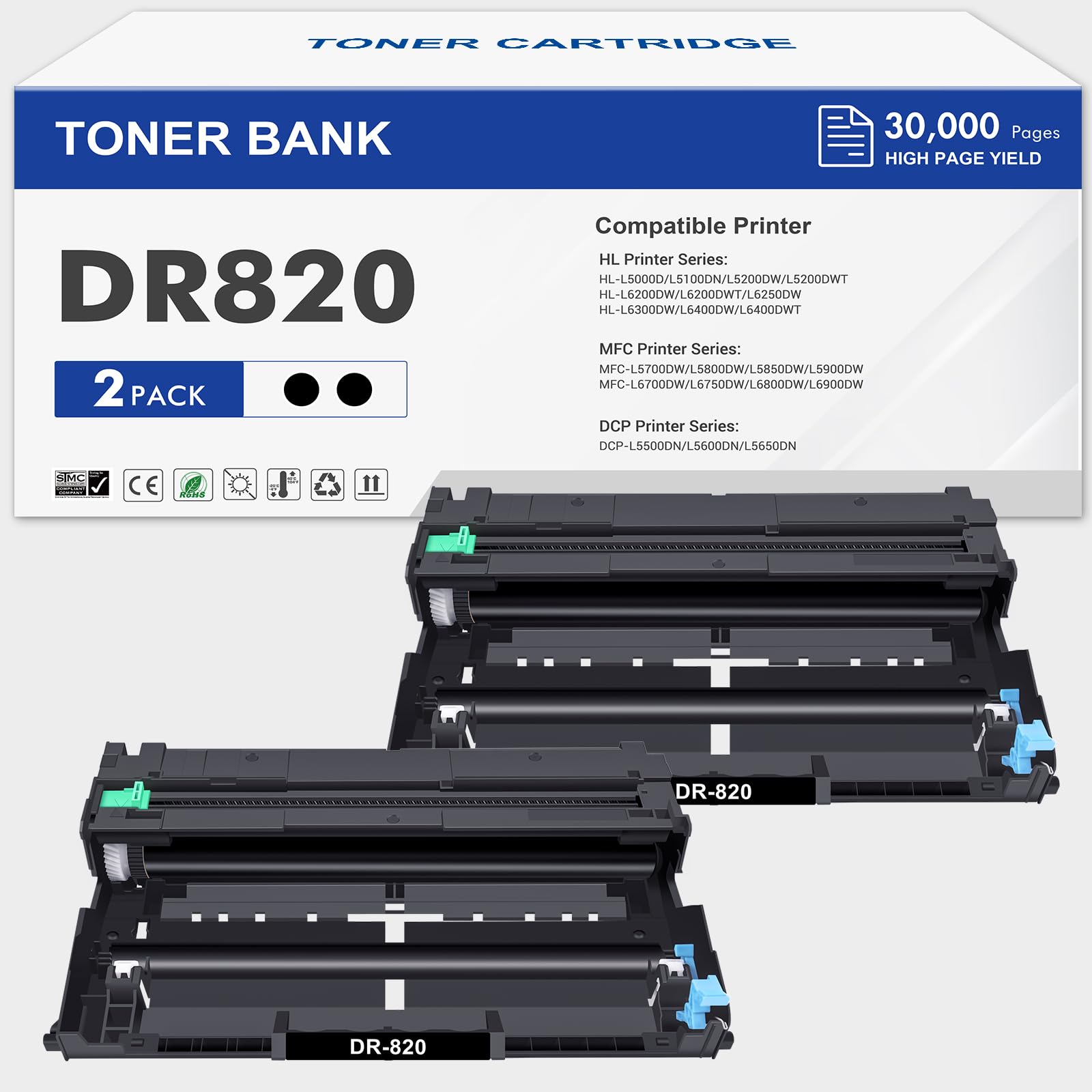 Toner Bank Compatible Drum Unit Replacement for Brother DR820 DR-820 DR 820 for Brother MFC-L5850DW HL-L6200DW HLL6200DW L6200DW MFC-L5900DW MFC-L5700DW HL-L5200DW L5200DWT Printer Drum Unit 2PK