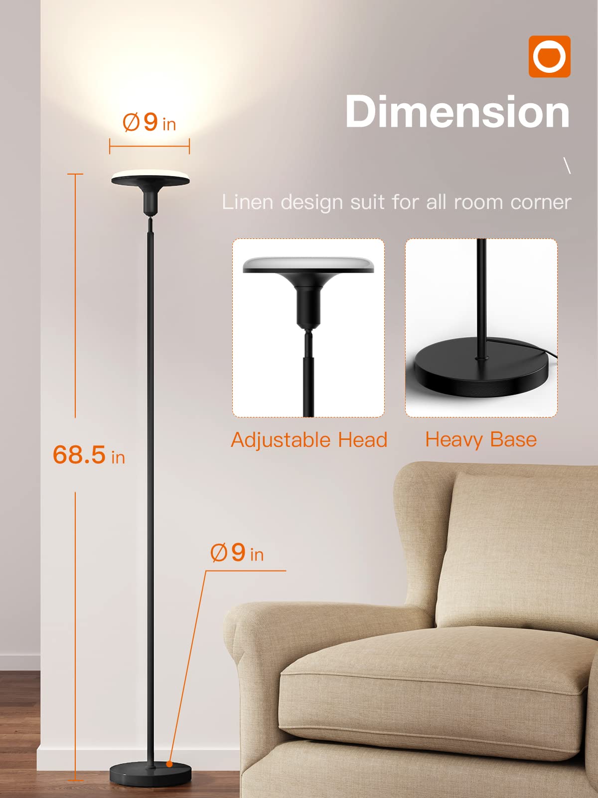 addlon Floor Lamp with Remote, Sky LED Modern Torchiere Tall Standing Lamp Super Bright Floor Lamps for Living Room, Bedroom and Office, 30W/2400LM - Black