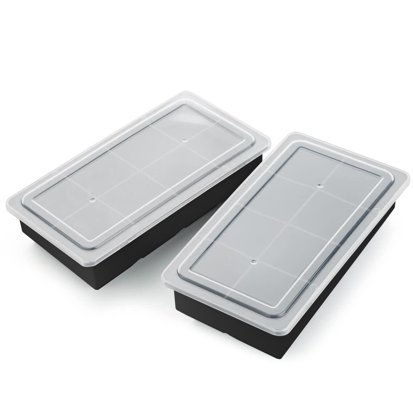 Samuelworld Large Silicone Ice Cube Tray Molds, 2-Pack, Big 2 Inch Cubes - BPA Free, Flexible, 8 Cavity Easy Release Slow Melting Ice for Whiskey, Cocktails, Gifts - Black (With Lids)